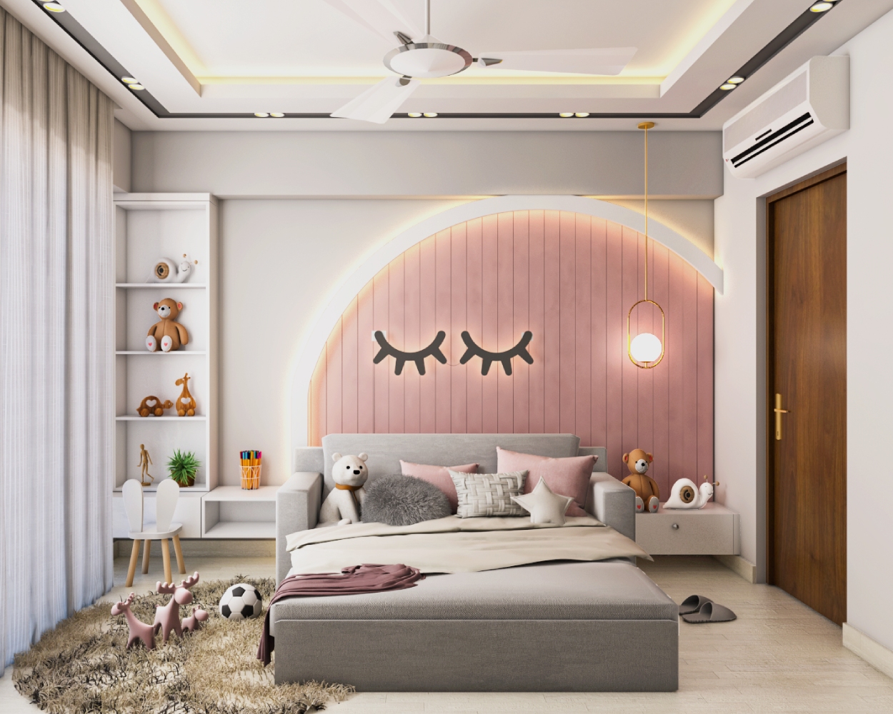 Kids Bedroom Design With Arc Pink Panels And White Frame | Livspace