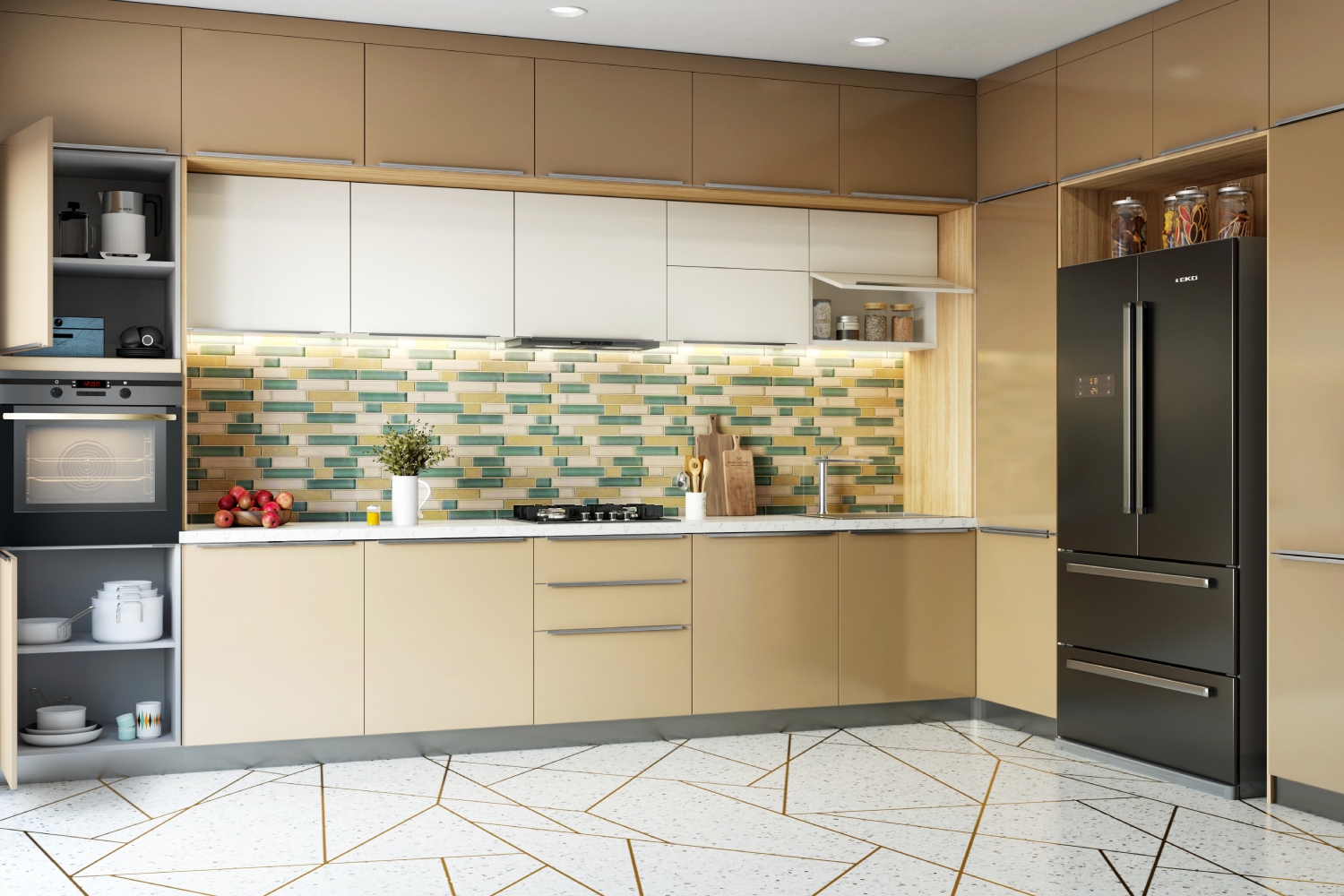 Irish Cream And Frosty White L Shaped Kitchen Design | Livspace