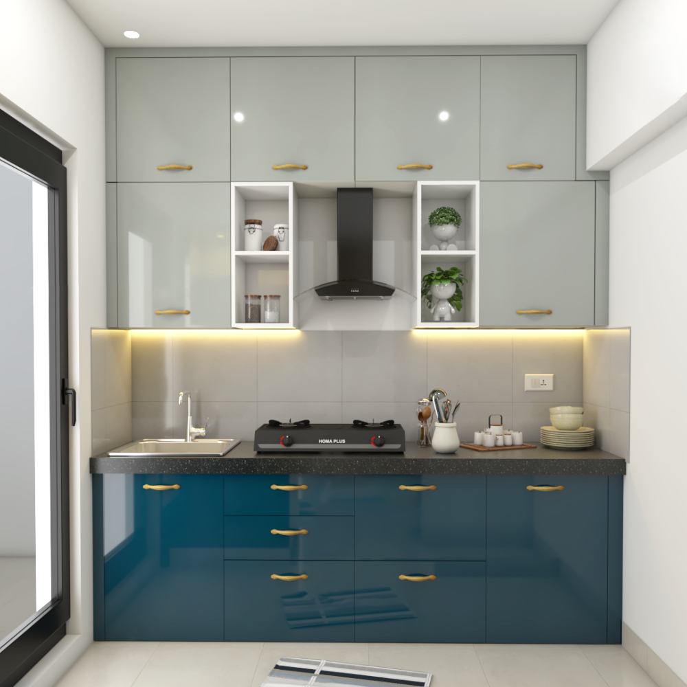 Modular Shore Blue And Grey Straight Kitchen Design | Livspace