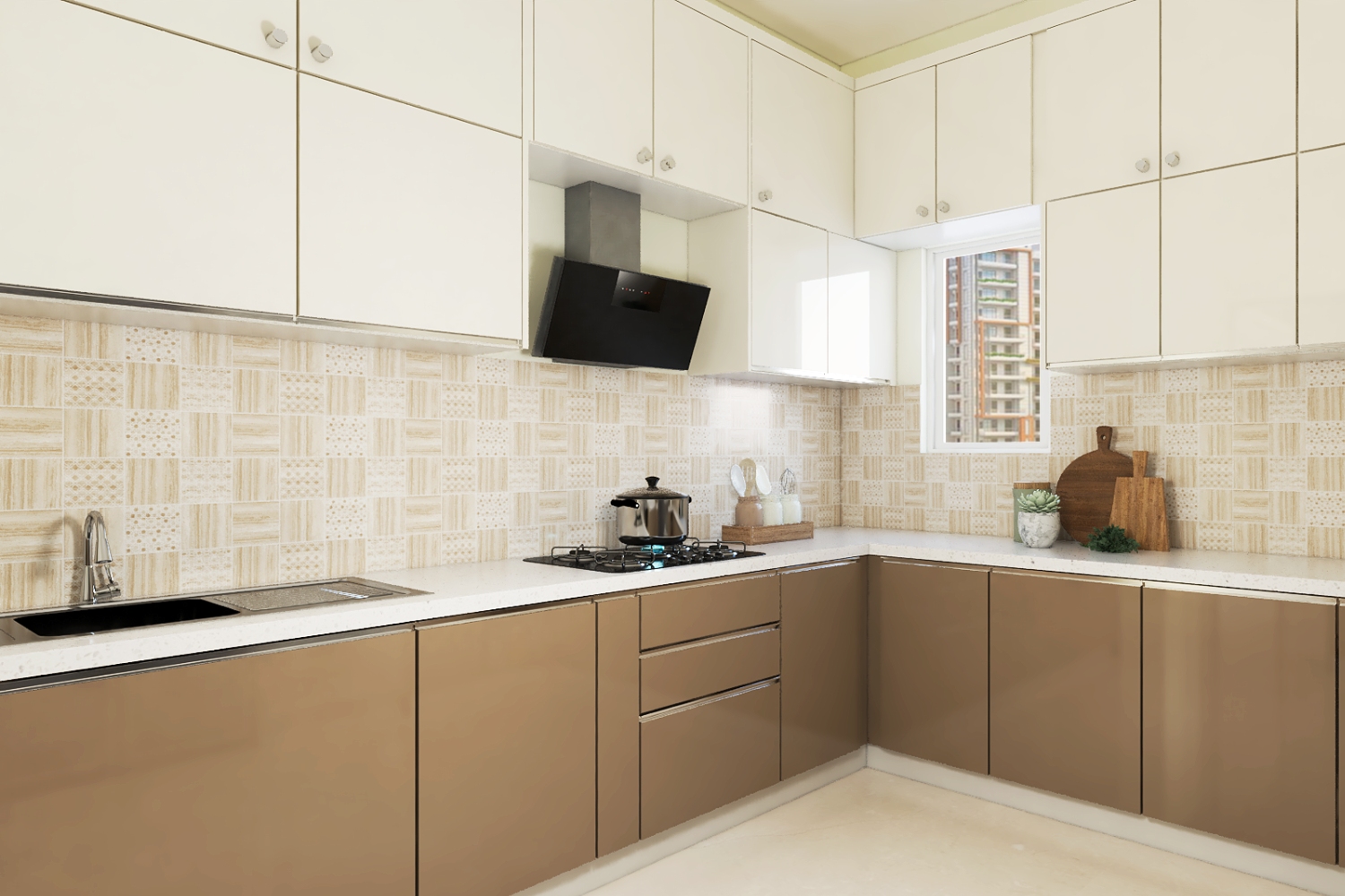 Modular U Shaped Kitchen Design With Cappuccino And White Cabinets ...
