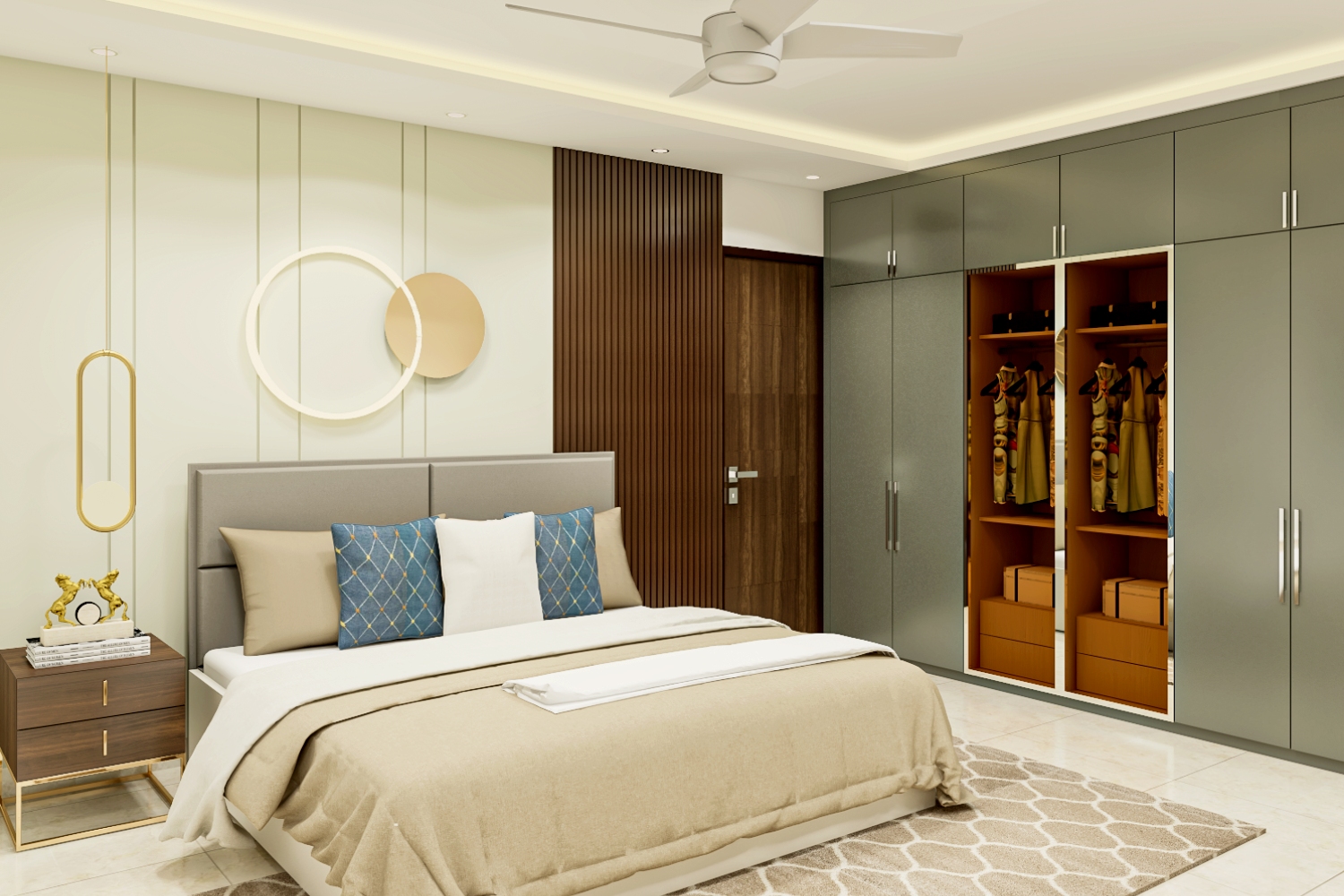 Master Bedroom Design With 6-Door Olive Green Wardrobe | Livspace