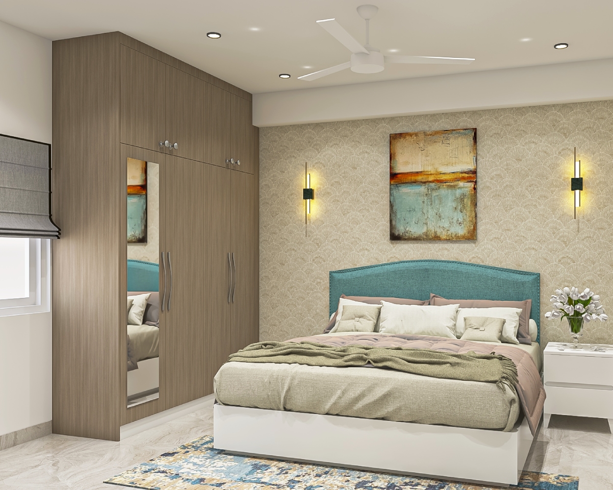 Contemporary Master Bedroom Design With Abstract Wallpaper And Wooden ...