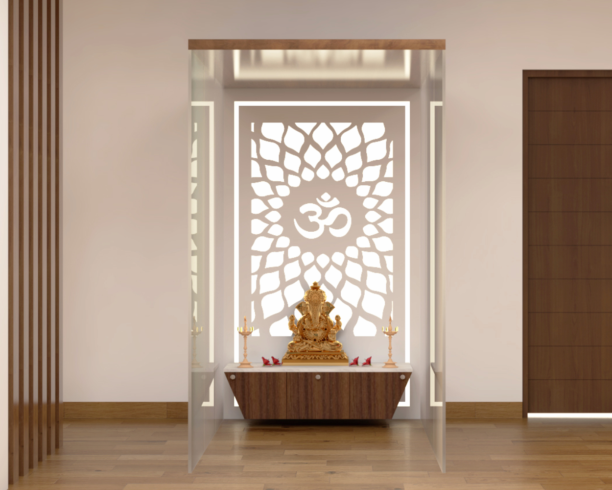 Walnut Toned Mandir Design With Om Mandala Wall | Livspace