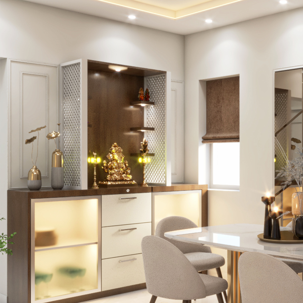 White And Wood Mandir Unit Design With CNC Cut Side Panels | Livspace