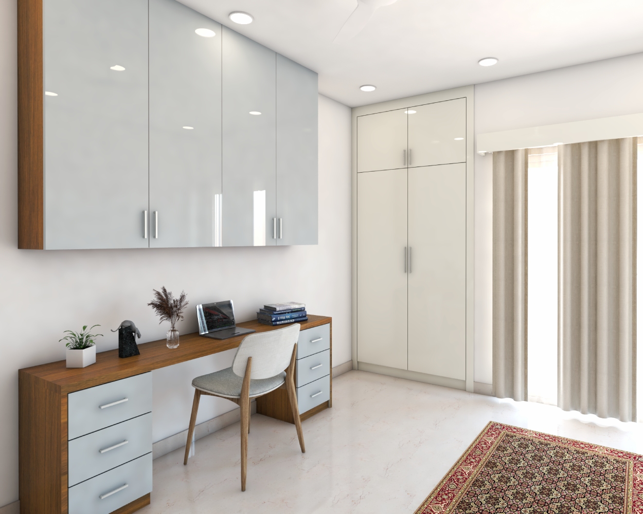 Grey And Walnut Toned Study Room Design With Wall Unit | Livspace