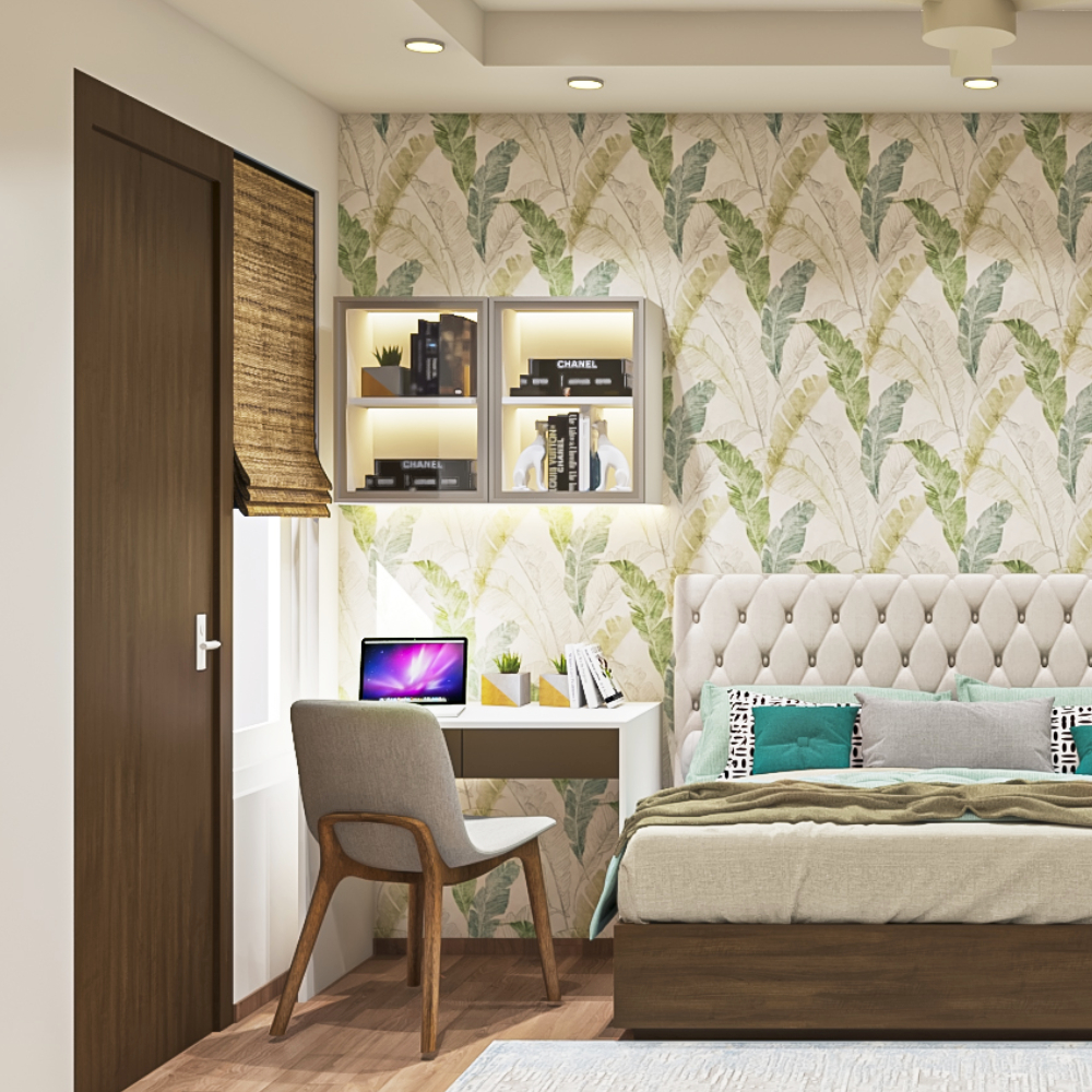 Tan And Frosty White Study Room Design With Armless Chair | Livspace