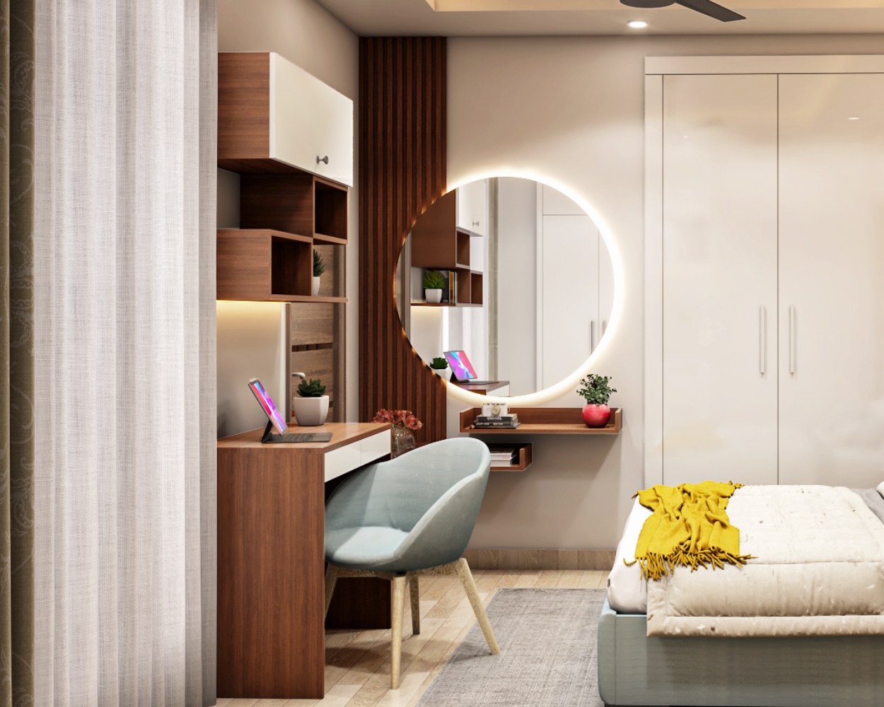 Study Room Design With Upholstered Blue Chair | Livspace