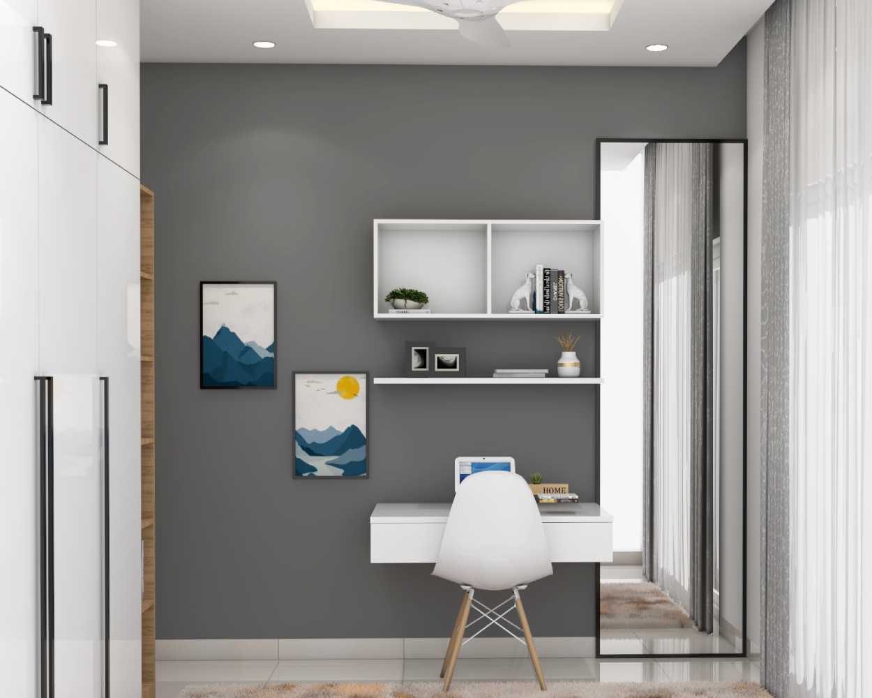 Frosty White Study Room Design With Grey Painted Wall | Livspace
