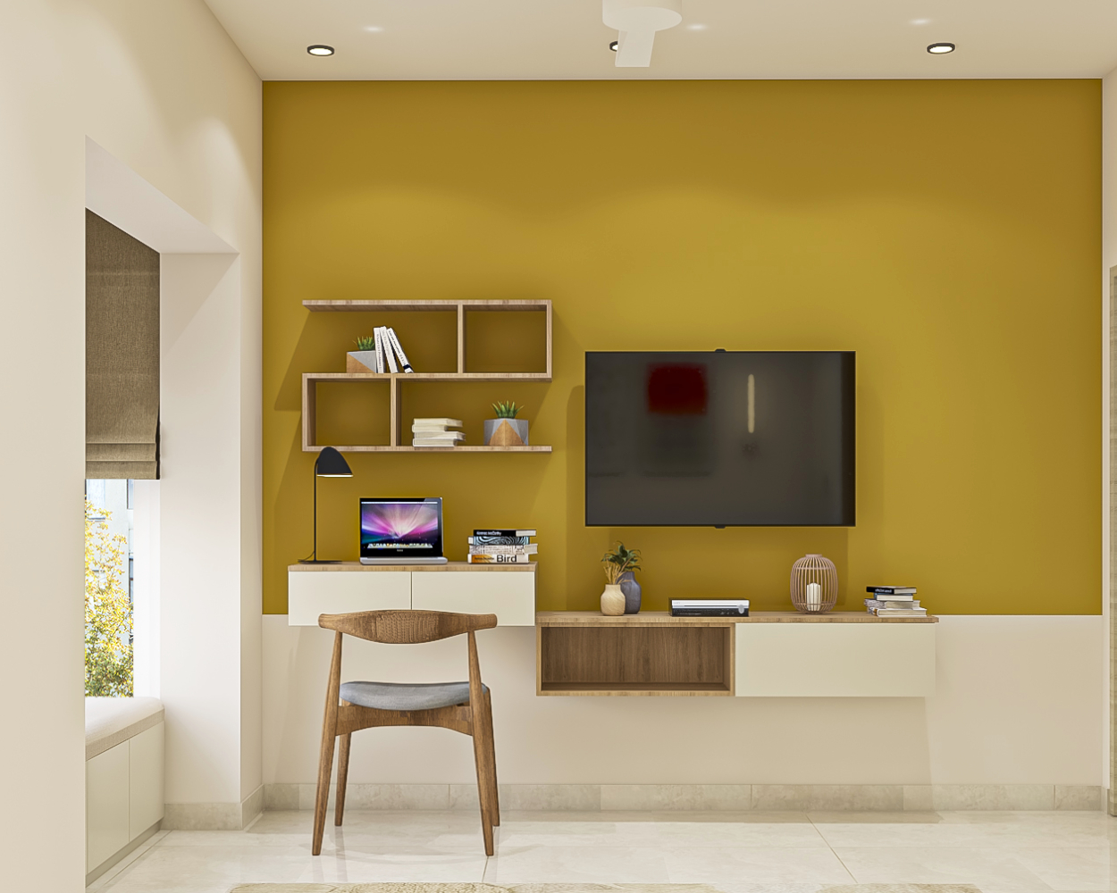 Study Room Design With Open Wooden Wall Shelf | Livspace