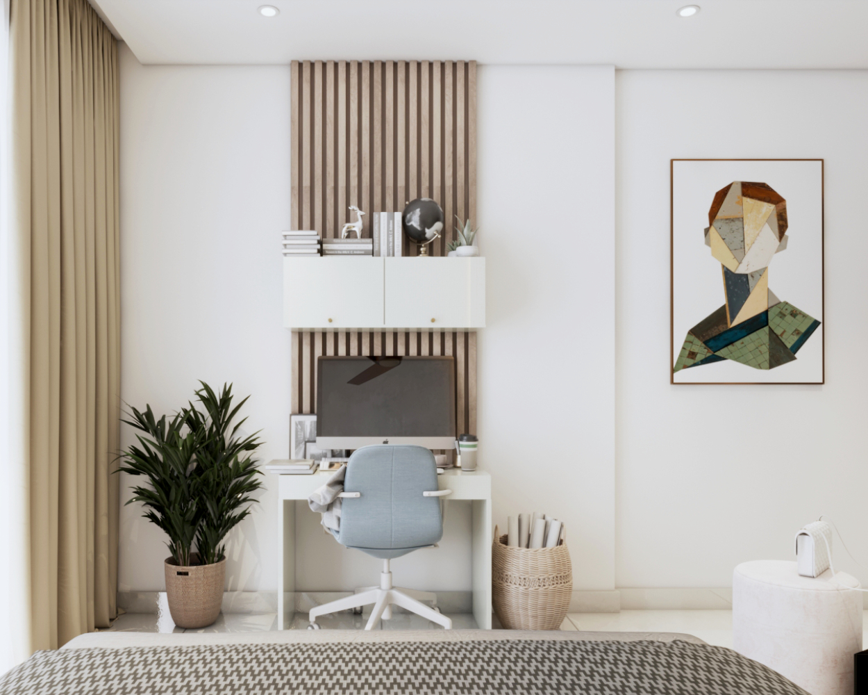 Frosty White Study Room Design With Light Blue Swivel Chair | Livspace
