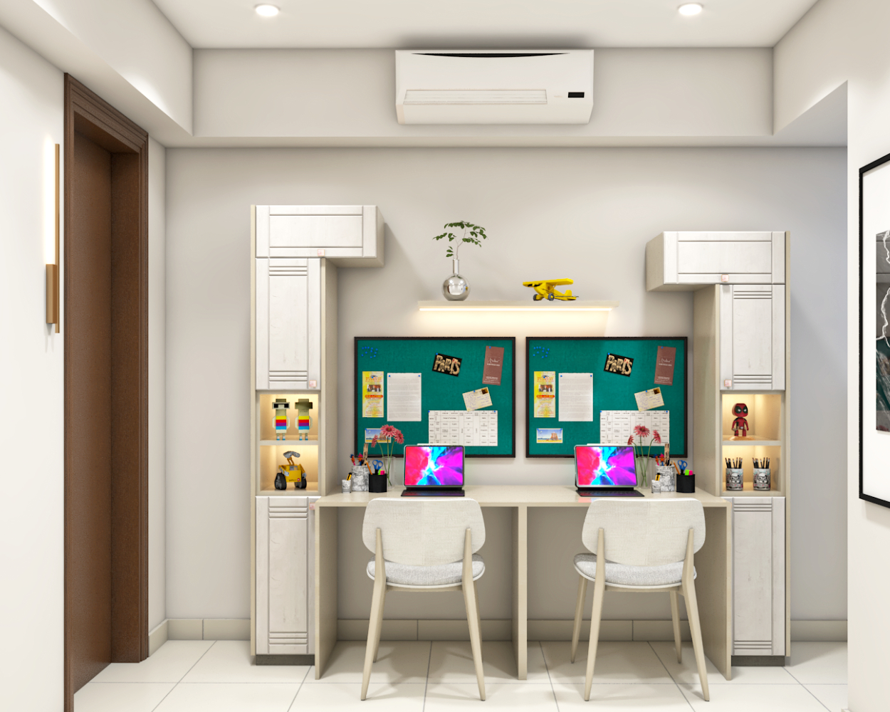Como White And Frosty White Study Room Design With Open Floating Shelf ...