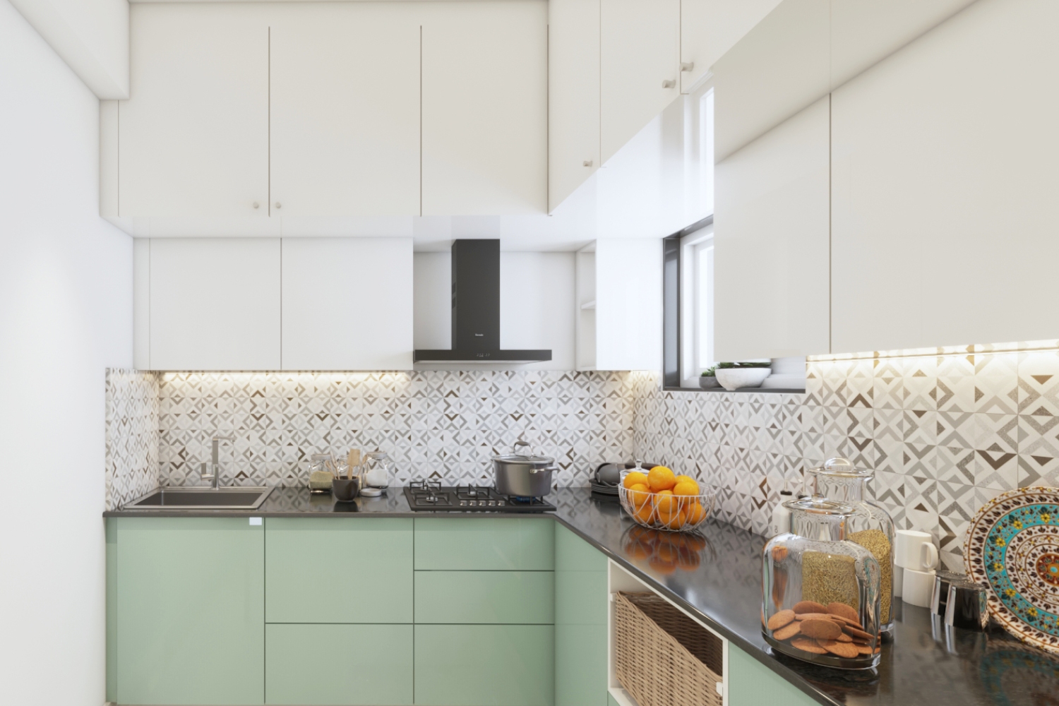 Geometric Grey And White Kitchen Tile Design | Livspace