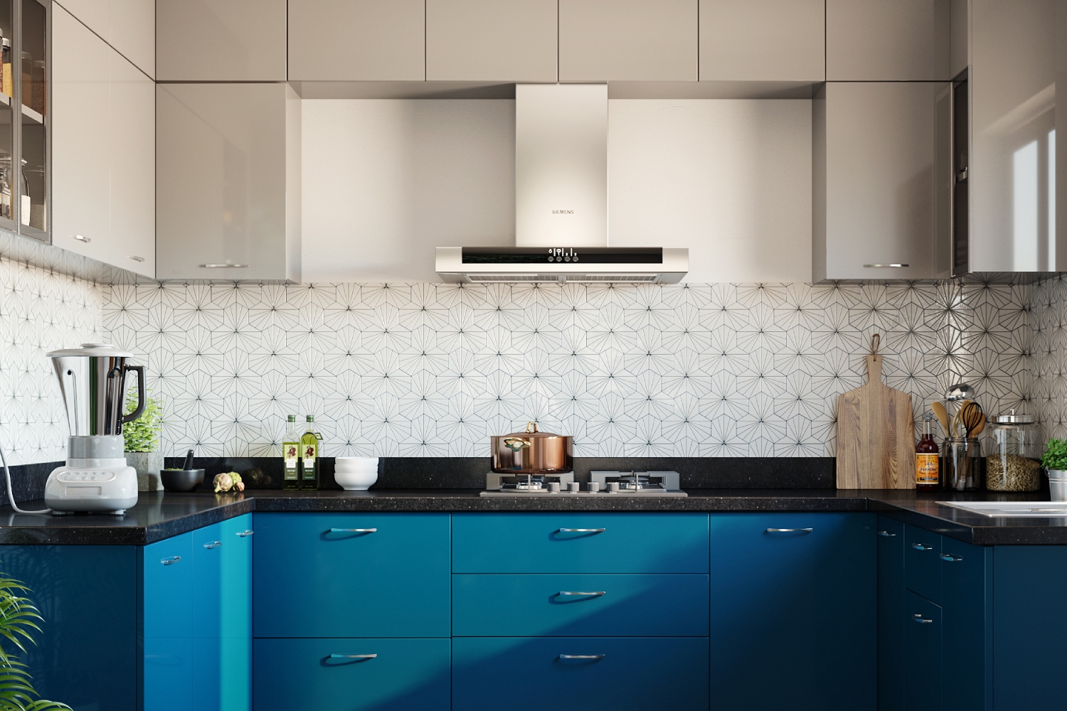 Ceramic White And Black High Gloss Kitchen Tile Design | Livspace