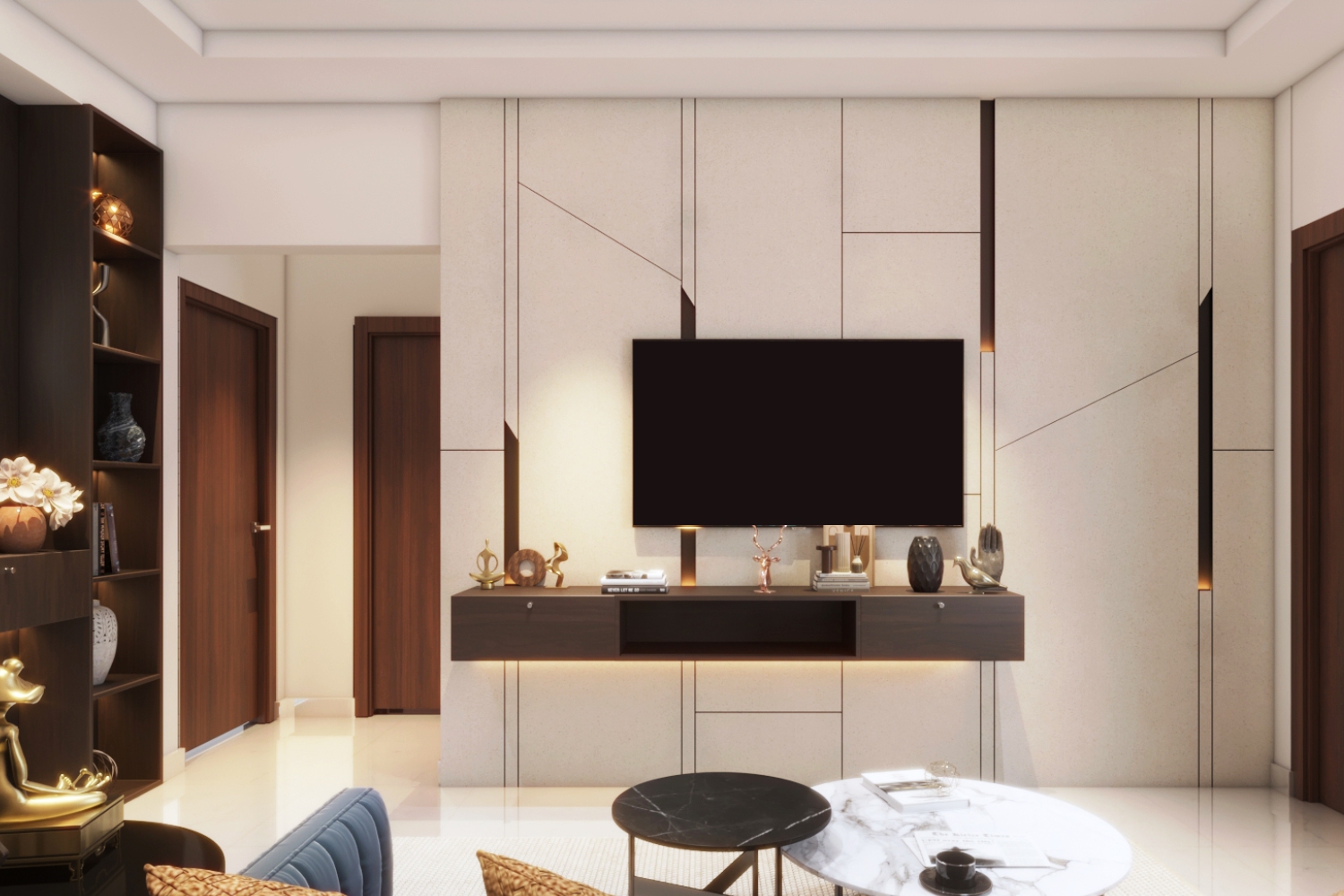 Wall-Mounted TV Unit Design With Grey Panel And Brown Inlays | Livspace
