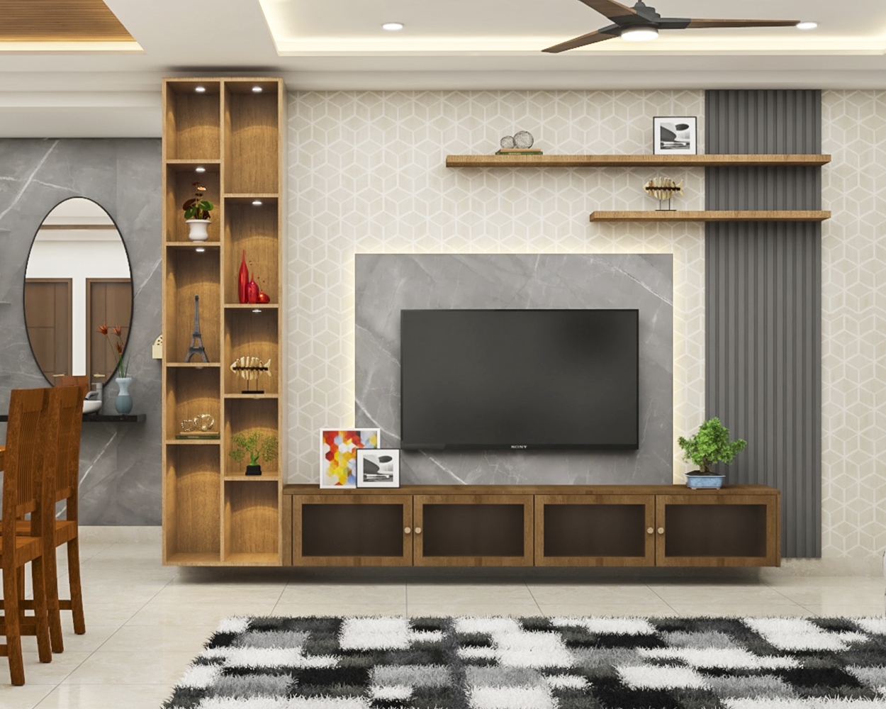 Wall-Mounted Wood And Grey TV Unit Design | Livspace