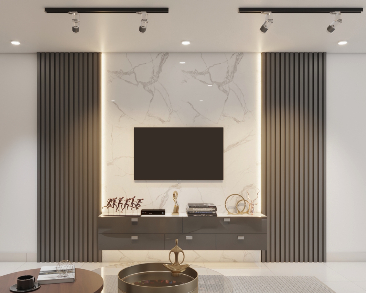 Gothic Grey High-Gloss TV Unit Design | Livspace