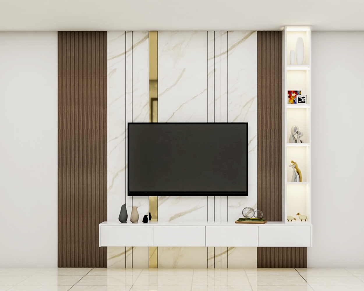 Frosty White TV Unit Design With Wooden Panel And Vertical Grooves ...