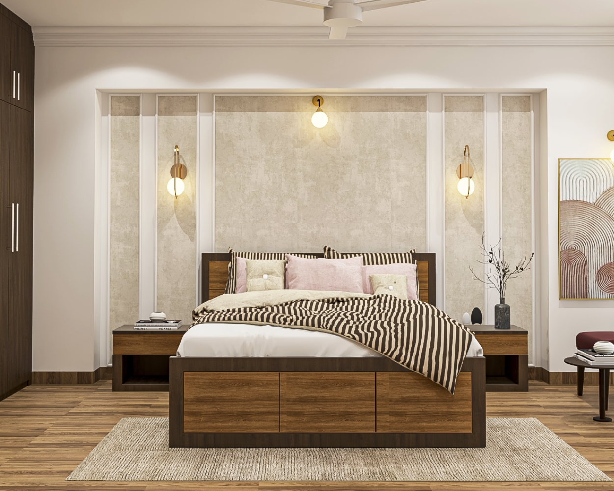 Beige Textured Bedroom Wallpaper Design | Livspace