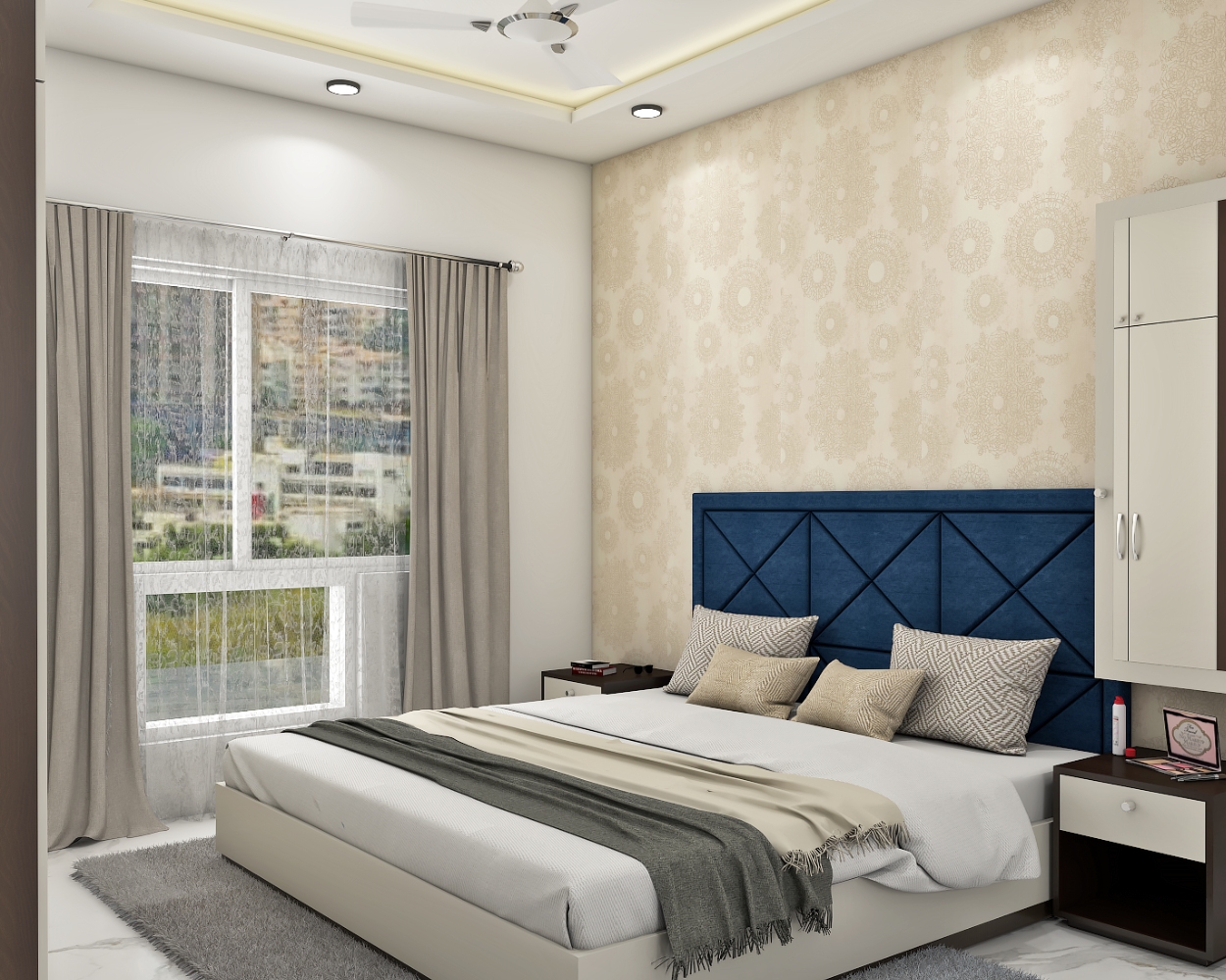 Beige Mandala Patterned Bedroom Wallpaper Design | Livspace