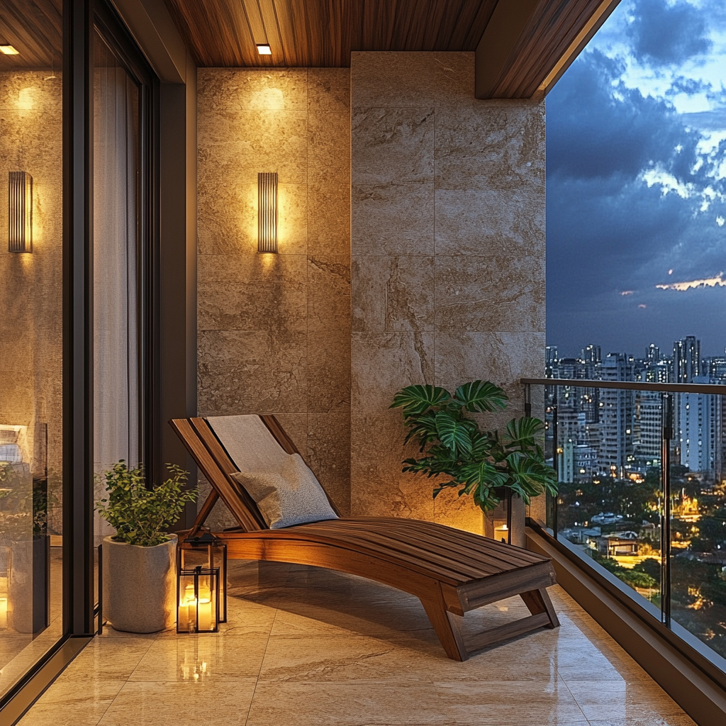 Elegant Contemporary Balcony Design with Stone Wall, Lounge Chair, and ...