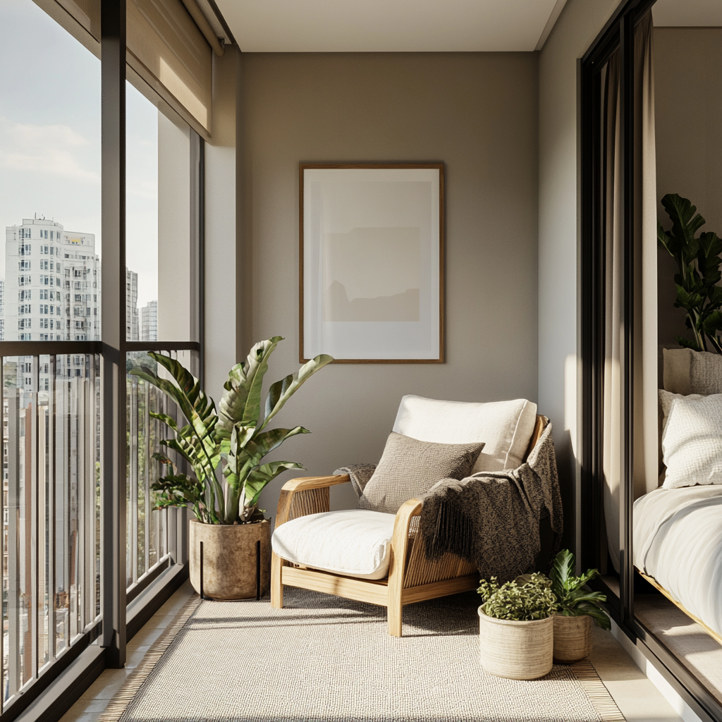 Balcony Design with Modern Cane Sofa, Cushions, and Grey Beige Walls ...