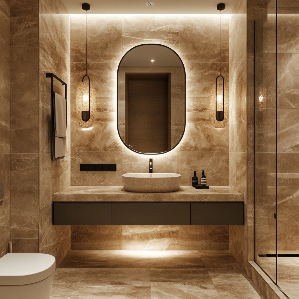 Bathroom Design with Contemporary Light Brown Tiles, Marble Countertop ...