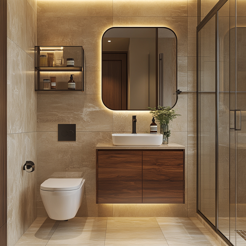 Bathroom Design with Contemporary Beige Tiles, Suede Laminate, Quartz ...