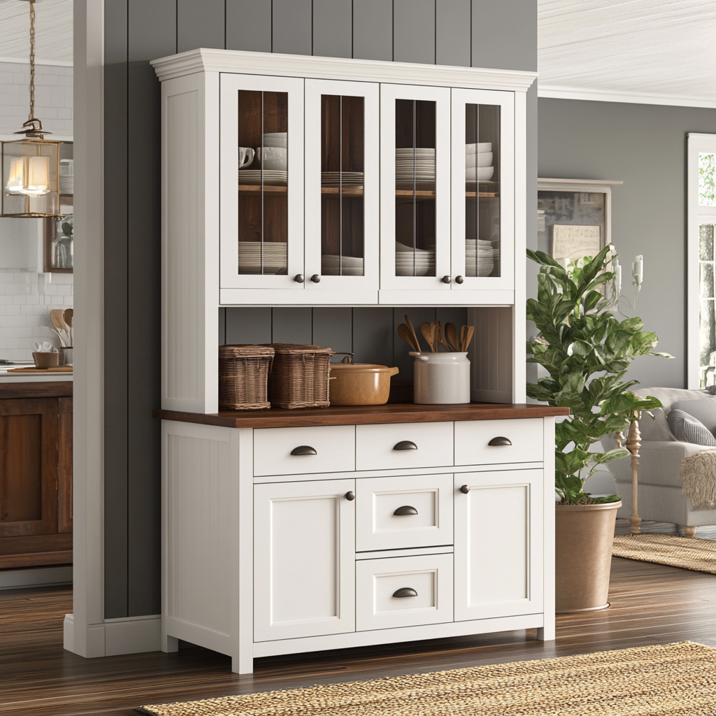 Off-White Classic Crockery Unit Design with Glass Windows and Brown ...