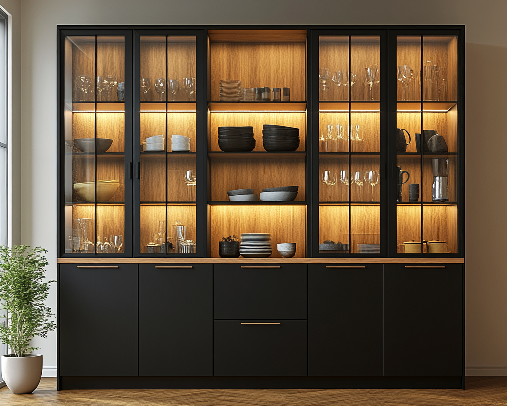 Modern Crockery Unit Design in Black and Walnut Bronze with Built-in ...