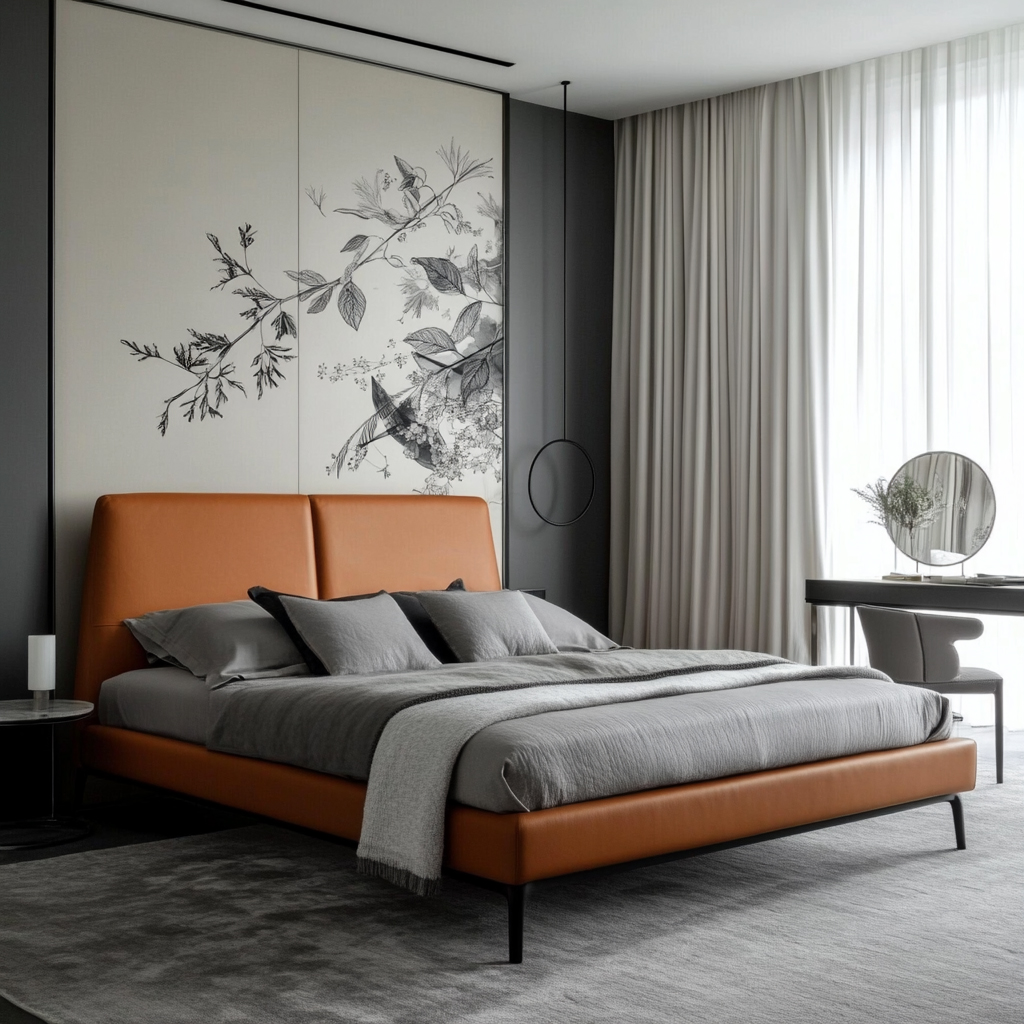 Master Bedroom with Orange Leather Headboard, Botanical Prints ...