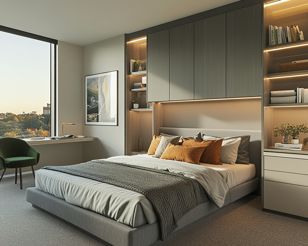 Space-Saving Design with Built-in Bed Storage and Wall Shelves for ...