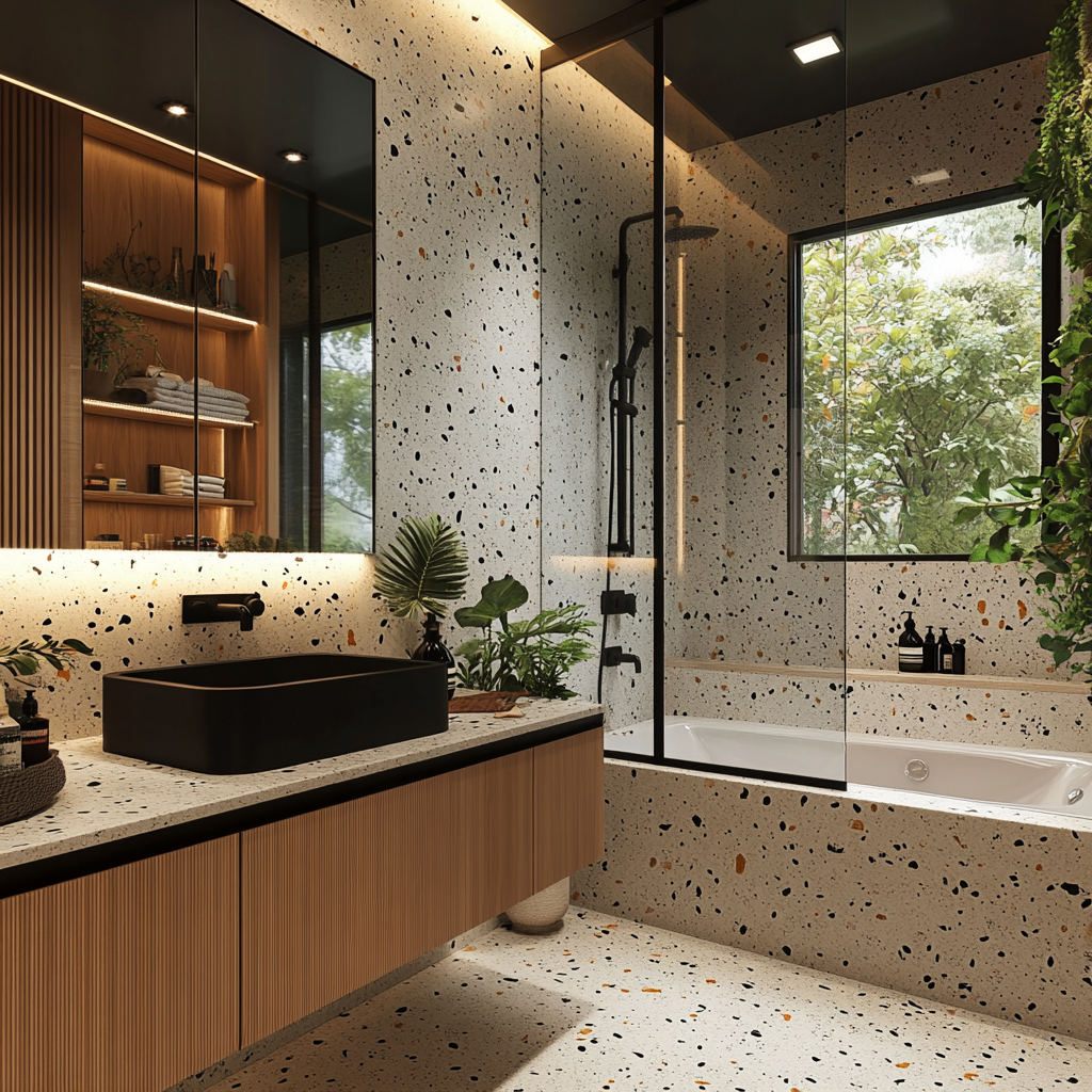 Elegant Modern Bathroom Design with Terrazzo Tiles, Bathtub, and Glass Partition | Livspace