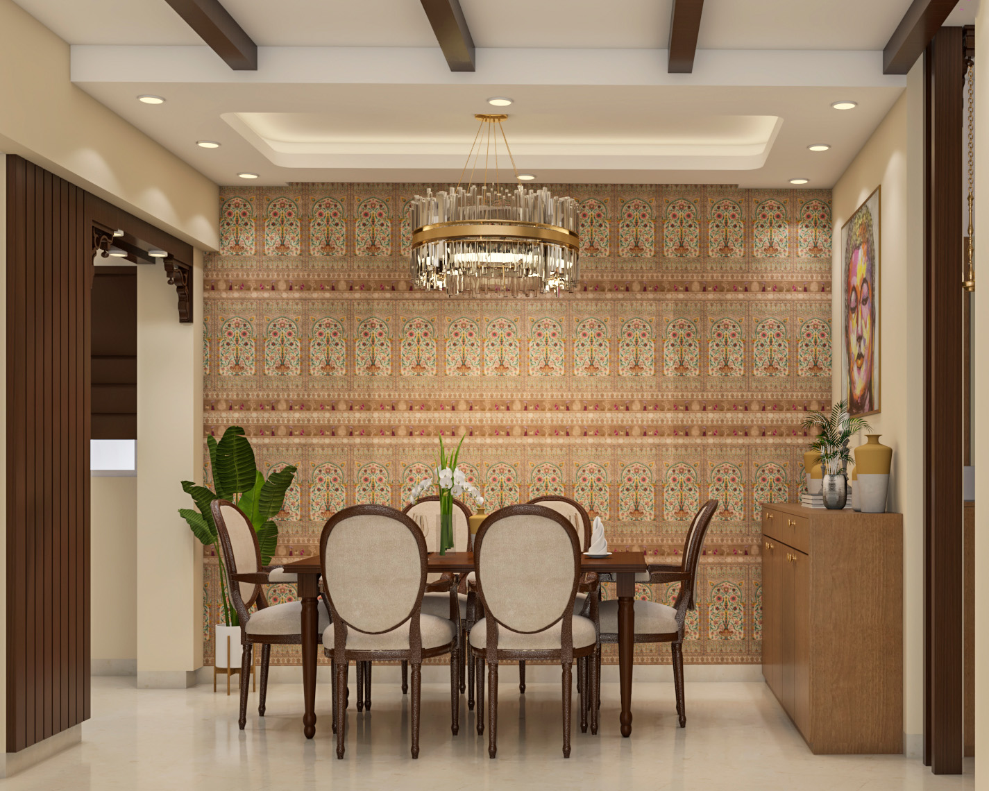 Indian Traditional Dining Room Design with Wooden Table, Chandelier ...