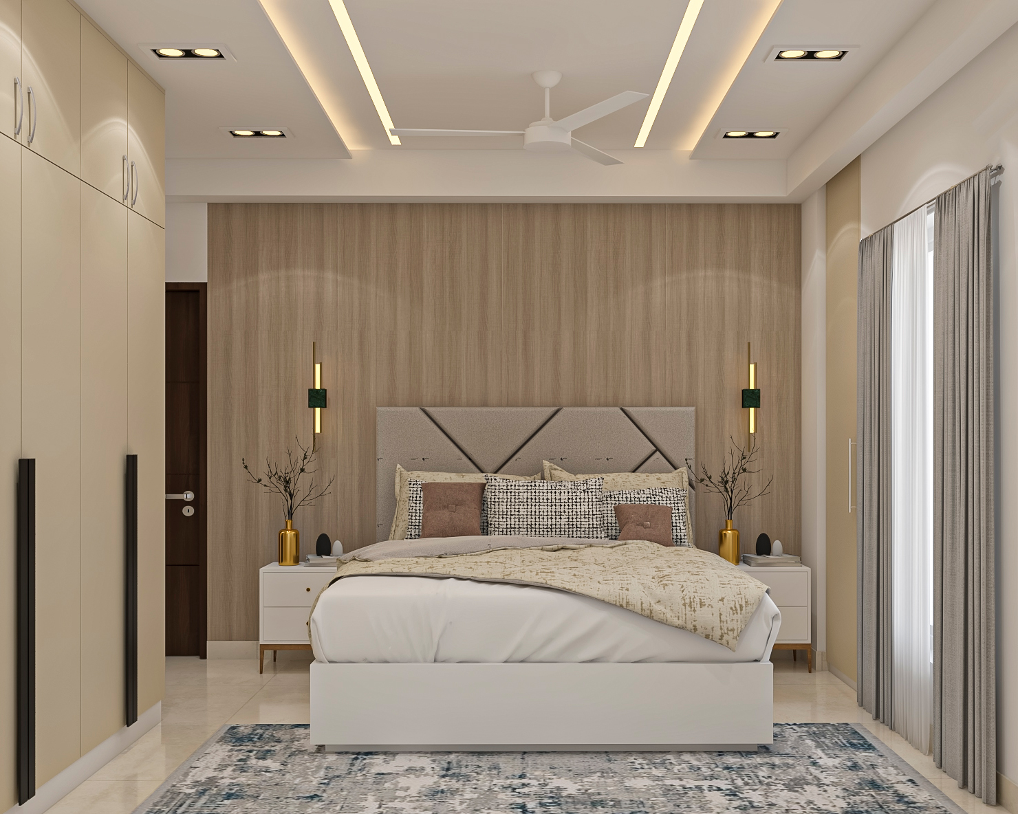 Guest Bedroom Design with Modern Queen Bed, Wooden Finish Wall Panel ...