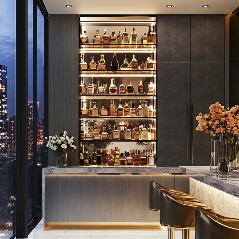 Contemporary Steel and Denim Home Bar Design with Wall Units, Base ...