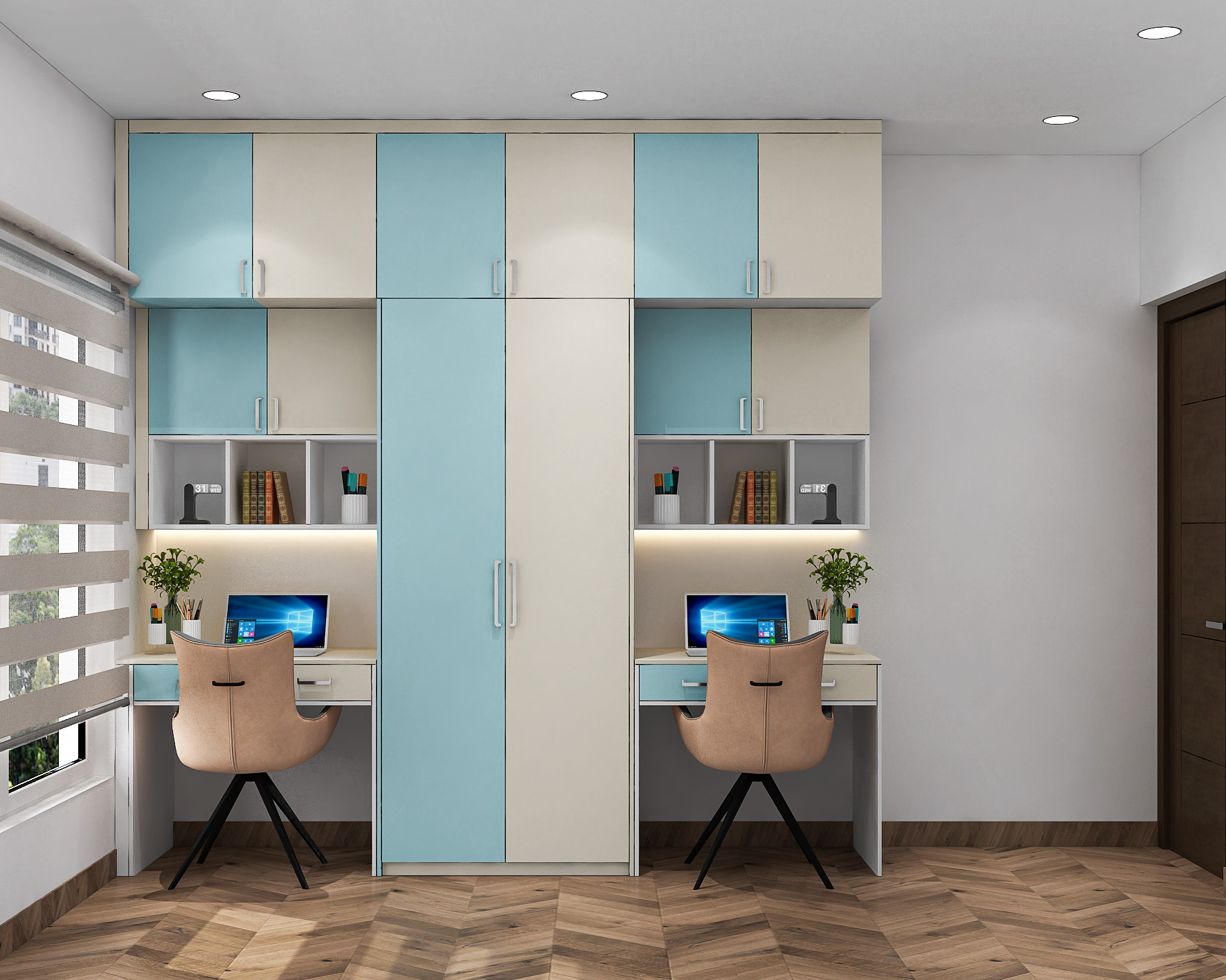 Modern Home Office Design with Dual Study Desks, Storage Units, and Wooden Flooring | Livspace