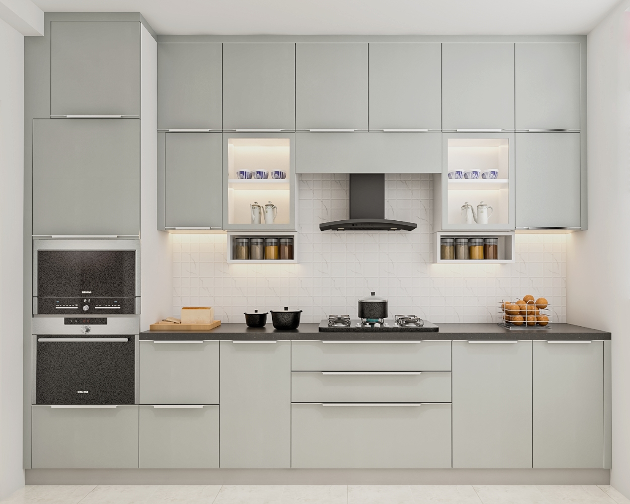 Modern Parallel Kitchen Design Featuring Grey Units, Wicker Basket and ...