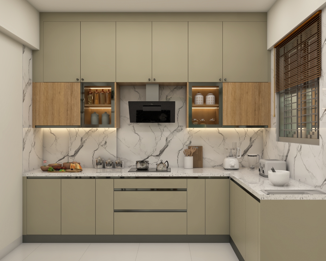 L-Shaped Contemporary Kitchen Design with Gola Handles and Quartz ...