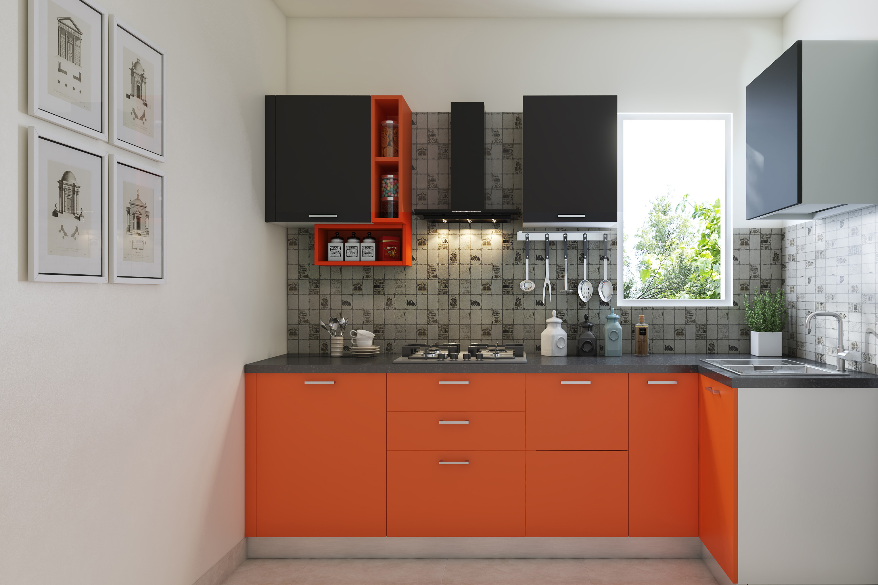 L-Shaped Modern Kitchen Design with Quartz Countertop, Grey Backsplash ...