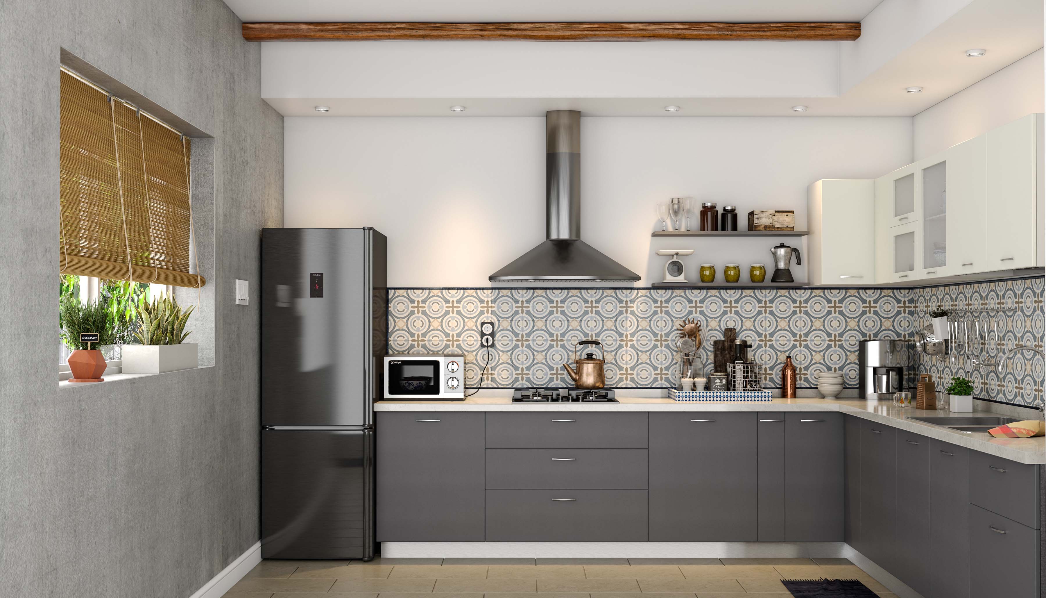 L-Shaped Modern Kitchen Design with Quartz Countertop, Backsplash, and ...