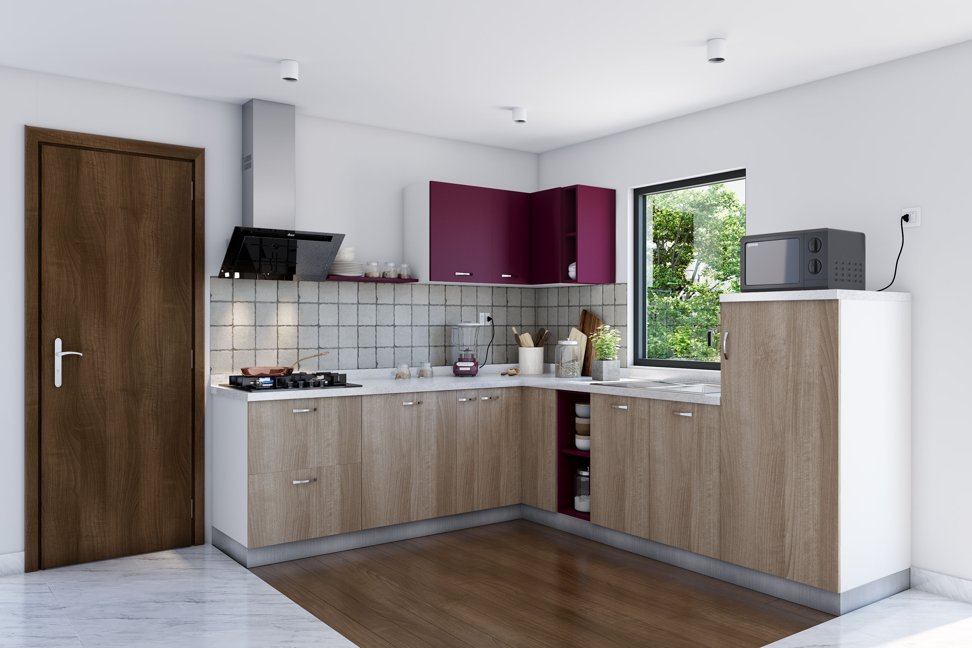 L-Shaped Modern Kitchen Design with Matte Laminate Finish, Quartz ...