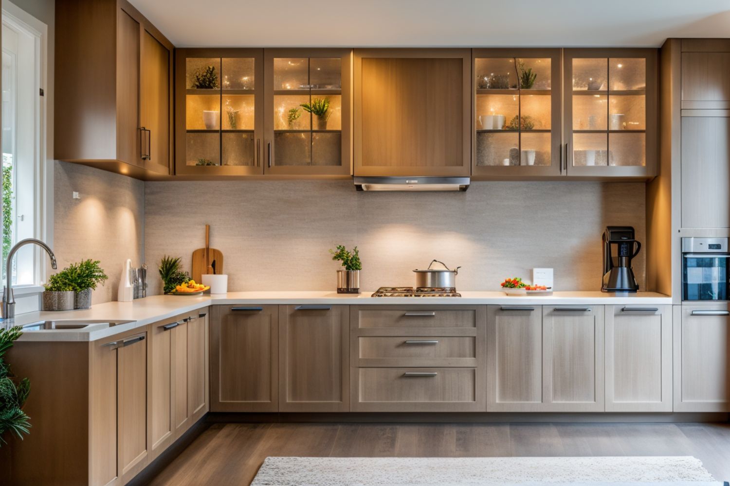 L-Shaped Kitchen Classic Design with Warm Wood Tones and Quartz ...