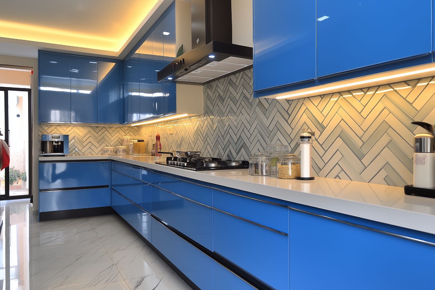 L-Shaped Kitchen Design with Contemporary Bold Blue Cabinets and Open ...