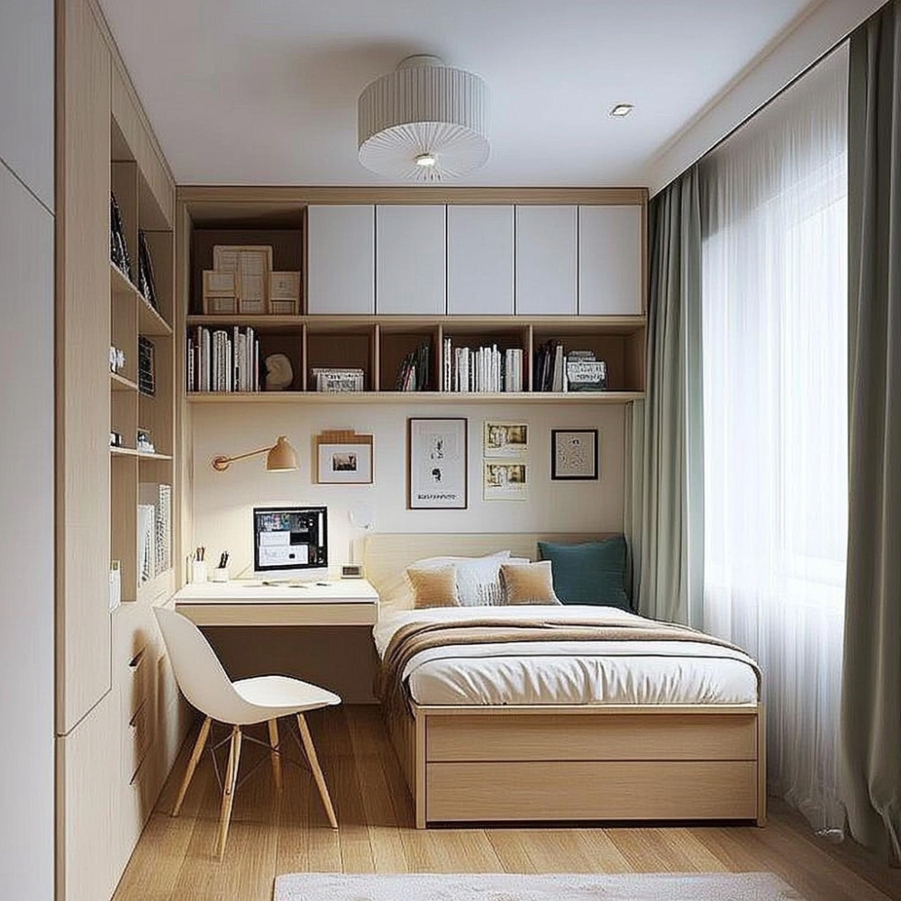 Space-Saving Bedroom Design with Integrated Furniture for Maximum Functionality | Livspace
