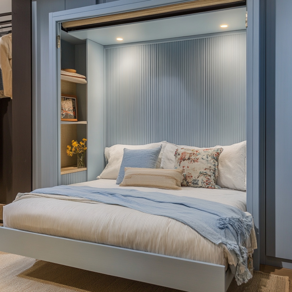 Space-Saving Bedroom with Concealed Bed, Built-In Shelves, and Recessed ...