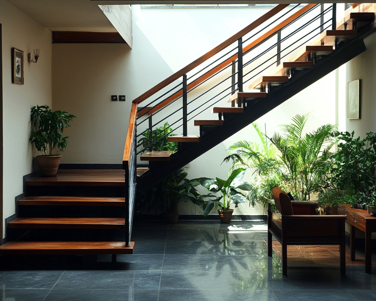 L-Shaped Staircase Tropical Design with Landing, Combining Metal and ...