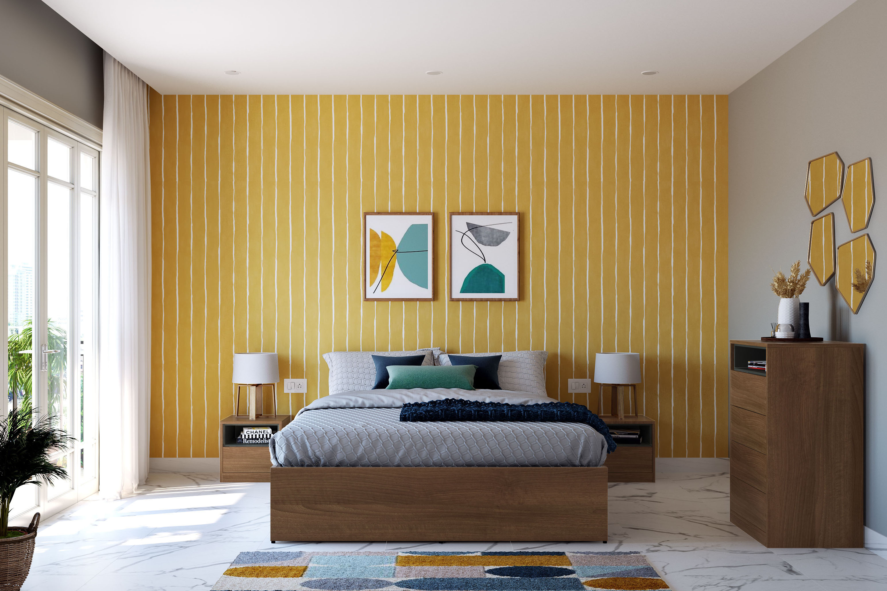 Vibrant Yellow Striped Wallpaper Design for Mid-Century Modern Bedroom ...