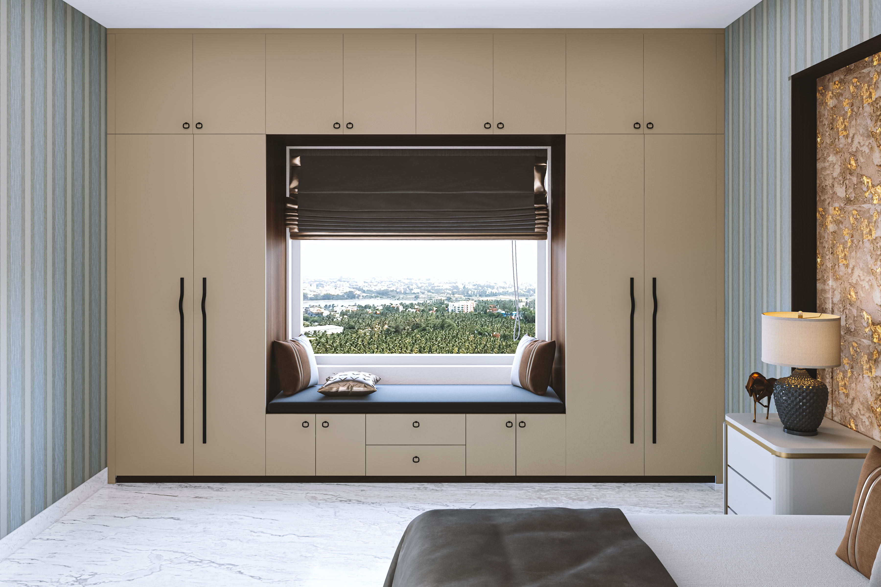Contemporary 4-Door Swing Wardrobe Design with Loft Cabinets and Bay ...