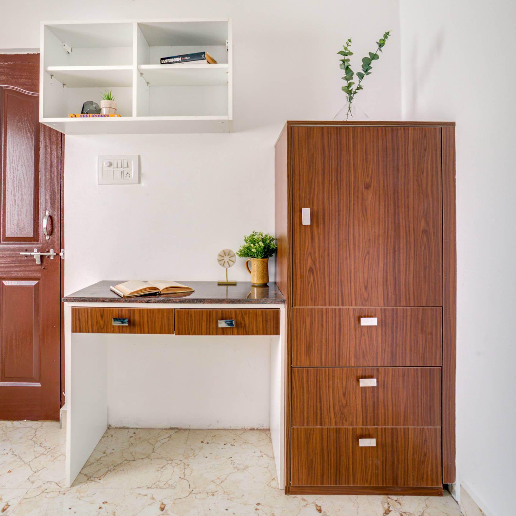 Spacious Study Room Design With White Wall Shelves | Livspace